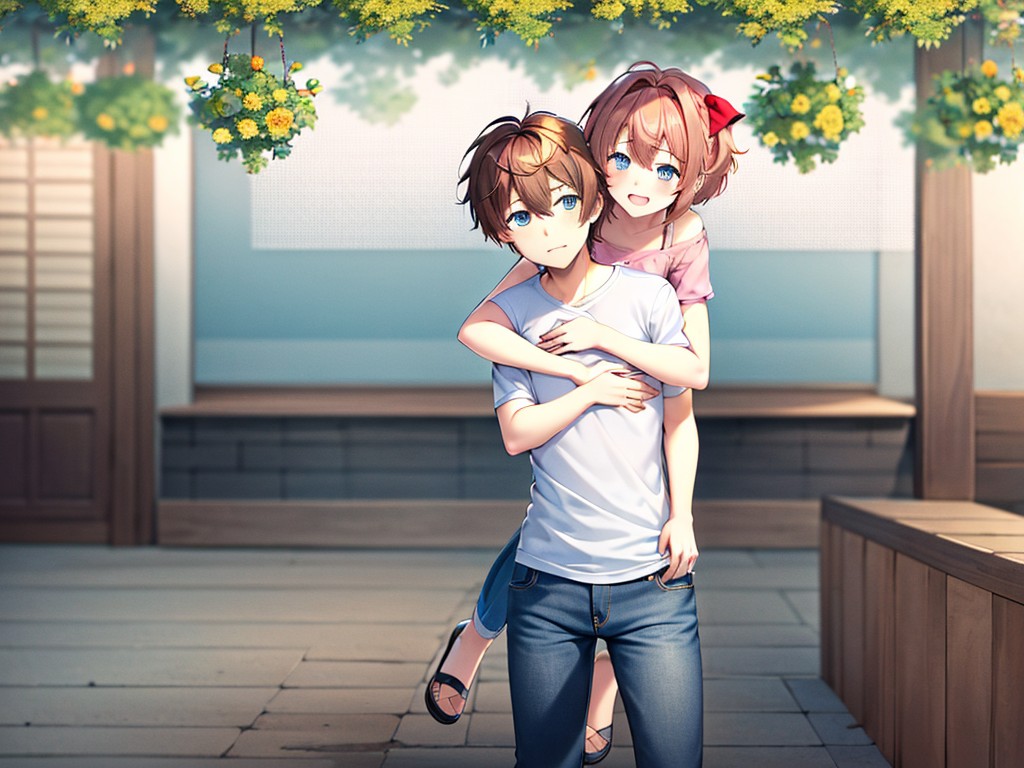 Sayori and MC hugging and playin around :p (DDLC) — Moescape