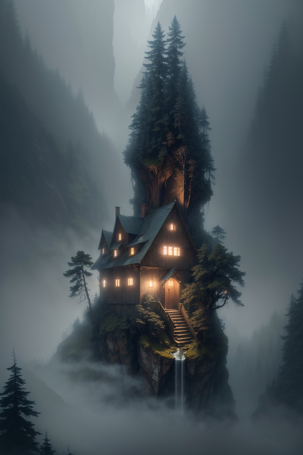 Mysterious Building in a Forest Beside Waterfall — Moescape