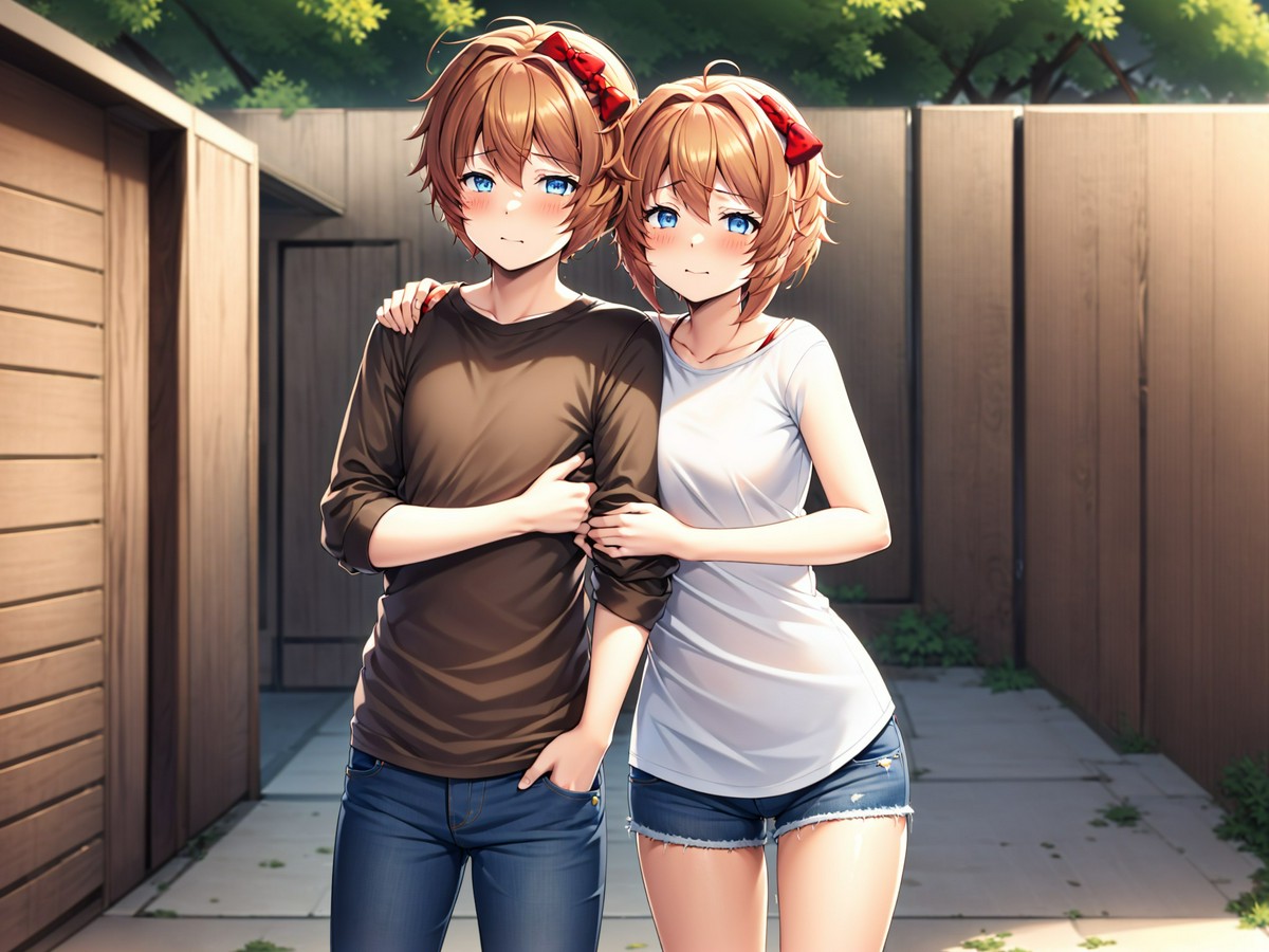 Sayori and MC hugging and playin around :p (DDLC) — Moescape